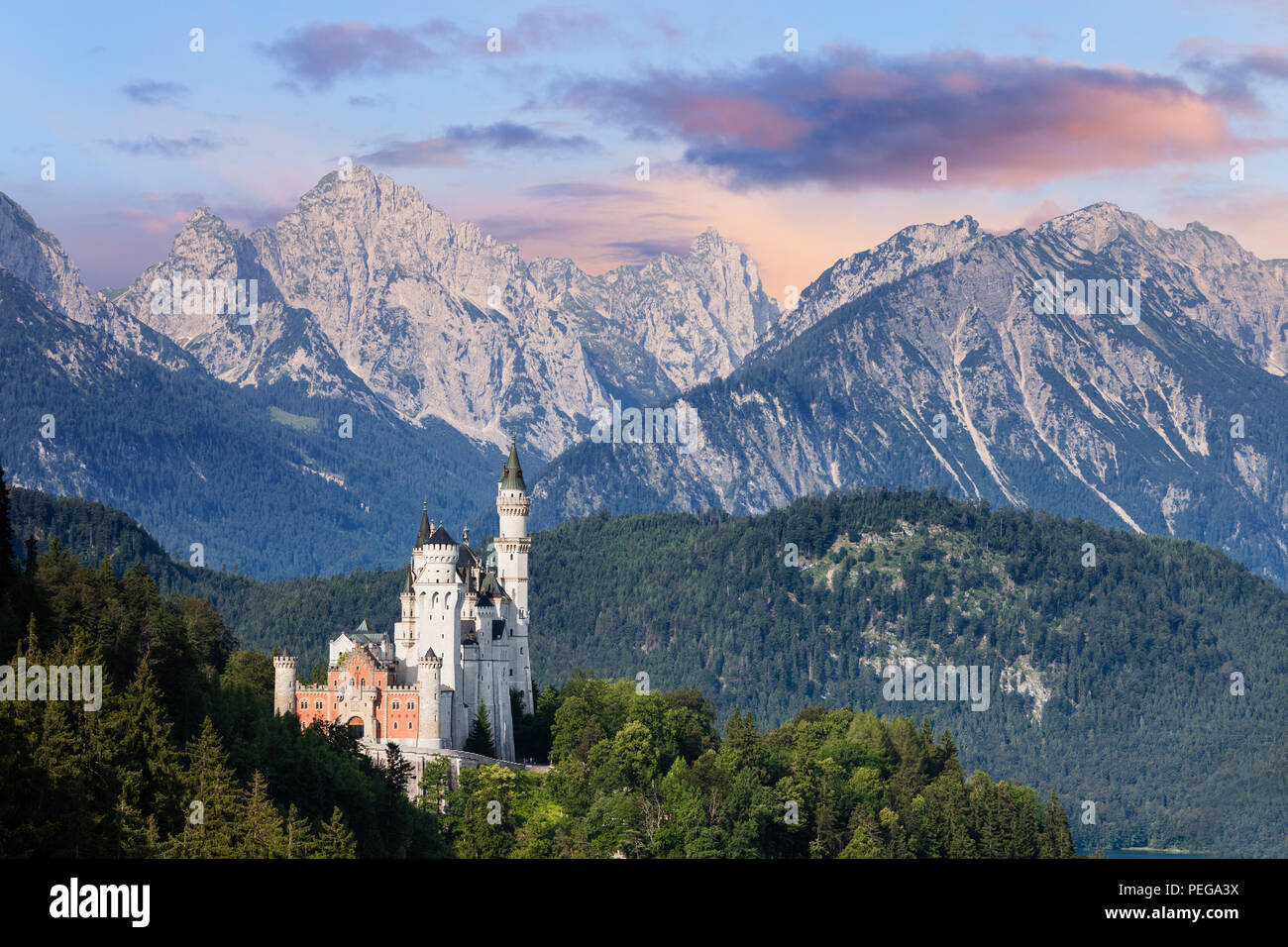 Famous Neuschwanstein Castle at sunset, Germany, European landmark ...