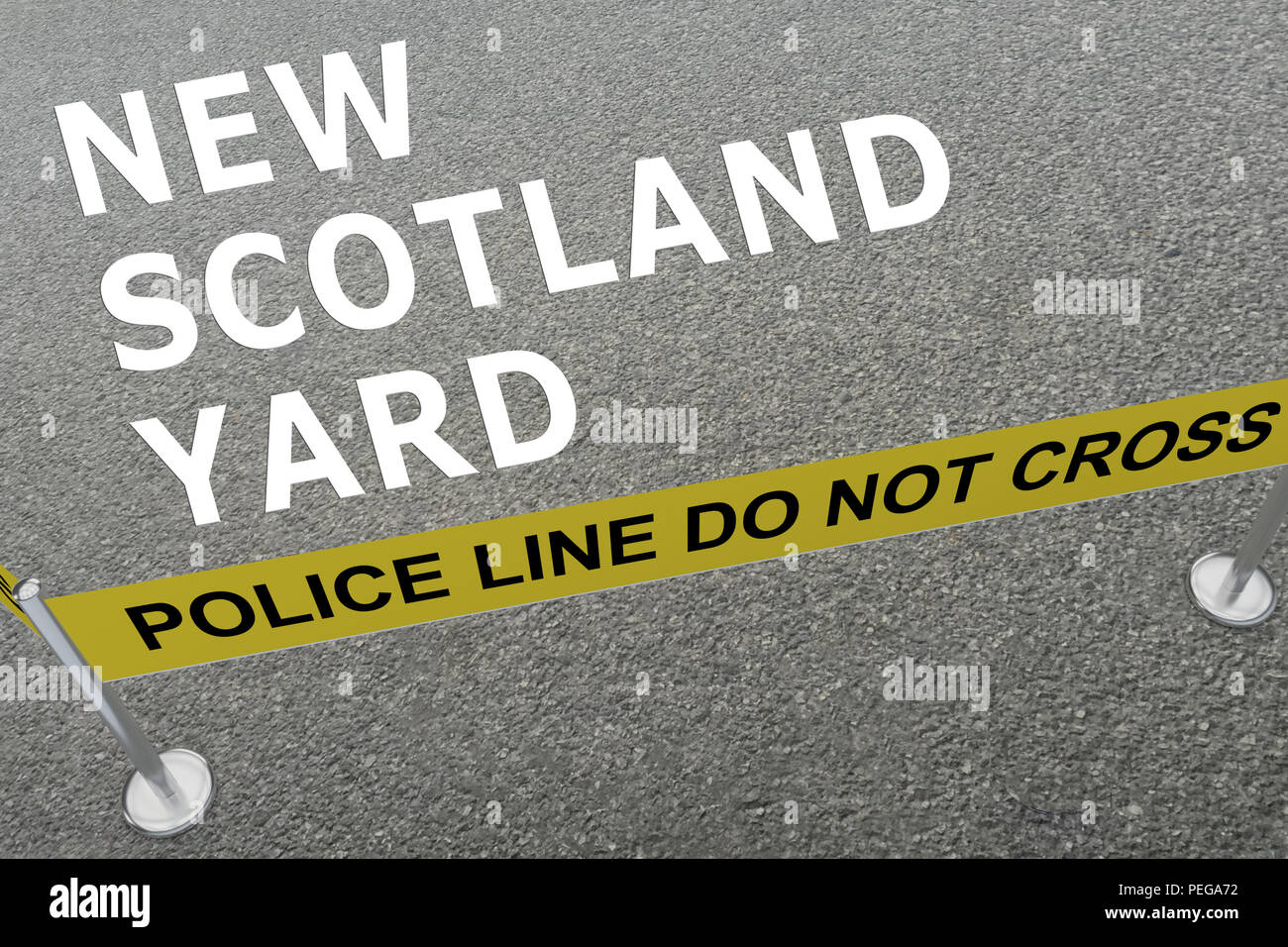 3D illustration of NEW SCOTLAND YARD title on the ground in a police ...