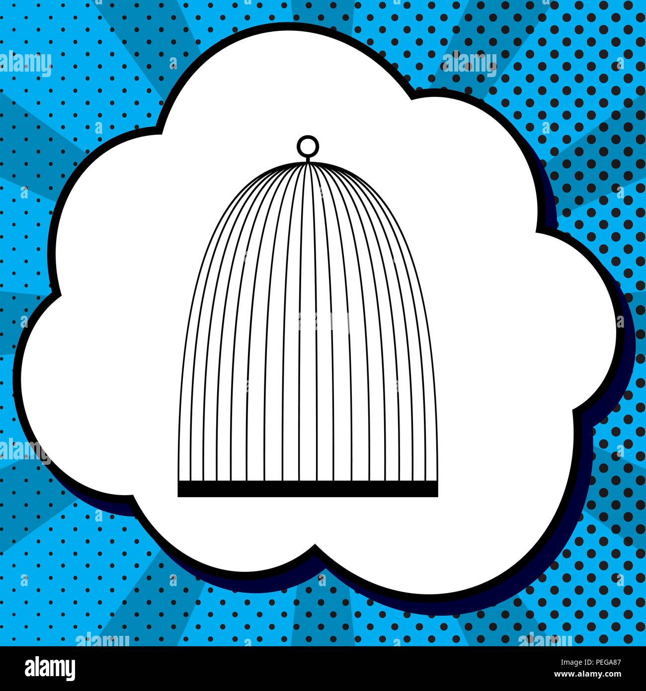 Bird cage sign. Vector. Black icon in bubble on blue pop-art background ...