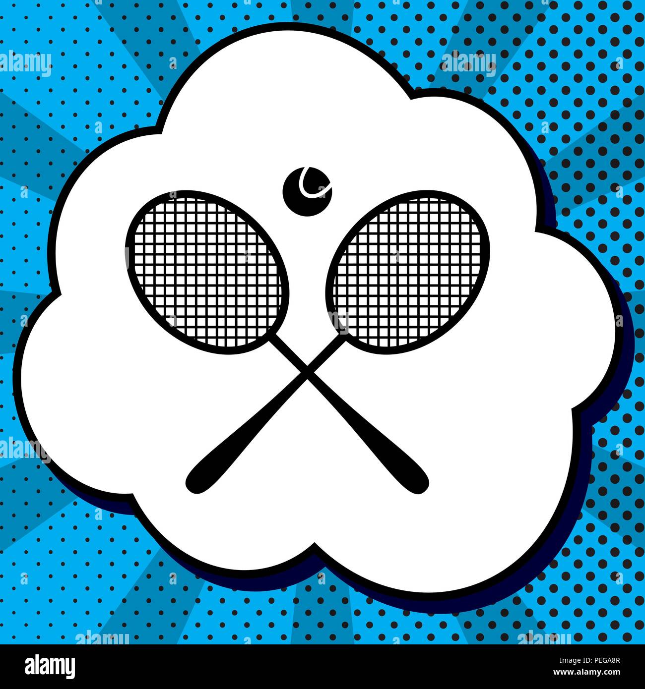 Two tennis racket with ball sign. Vector. Black icon in bubble on blue ...