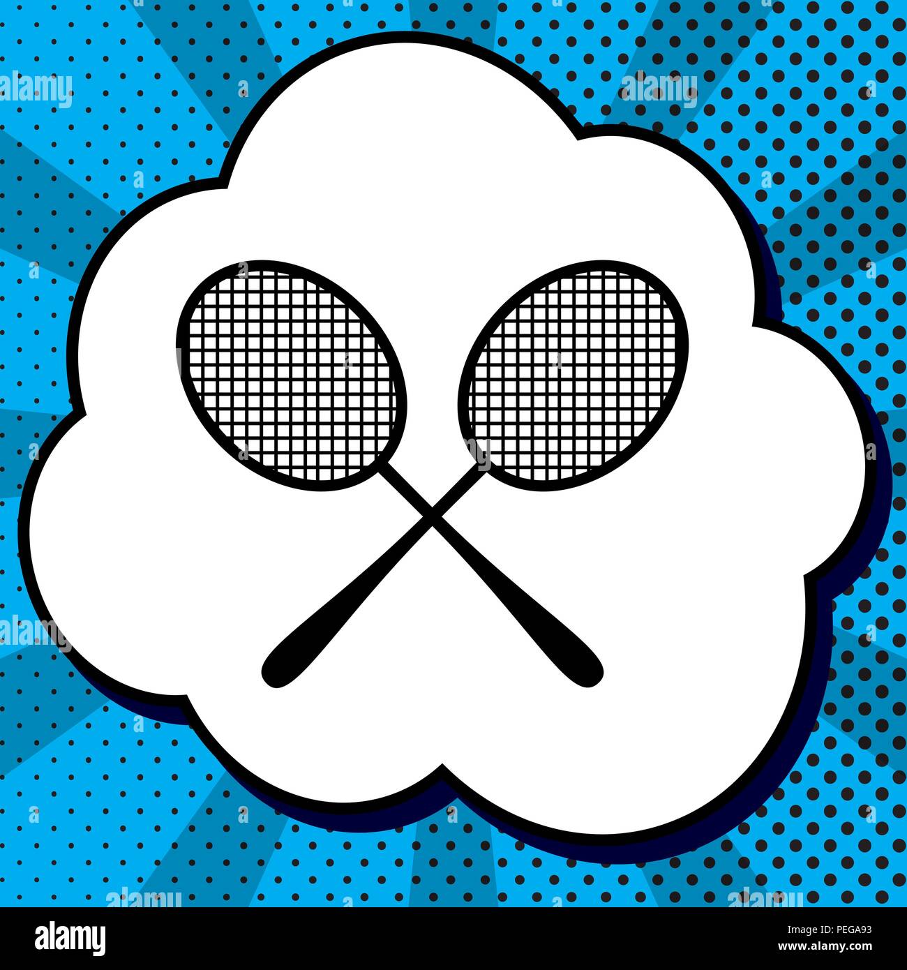 Two tennis racket sign. Vector. Black icon in bubble on blue pop-art ...