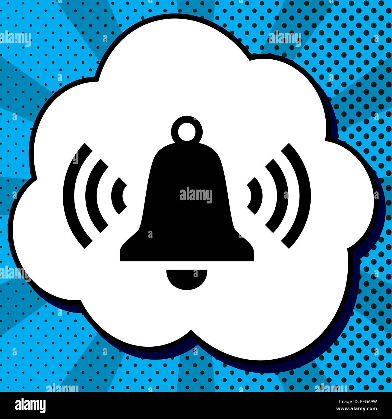 Ringing bell icon. Vector. Black icon in bubble on blue pop-art ...