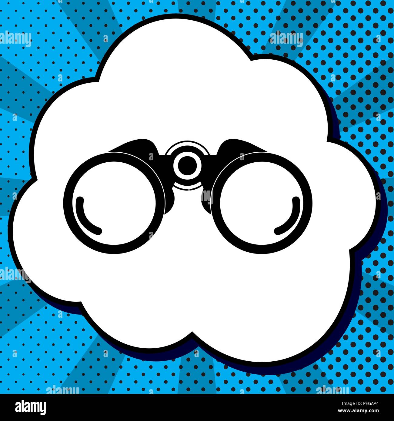 Binocular sign illustration. Vector. Black icon in bubble on blue pop ...