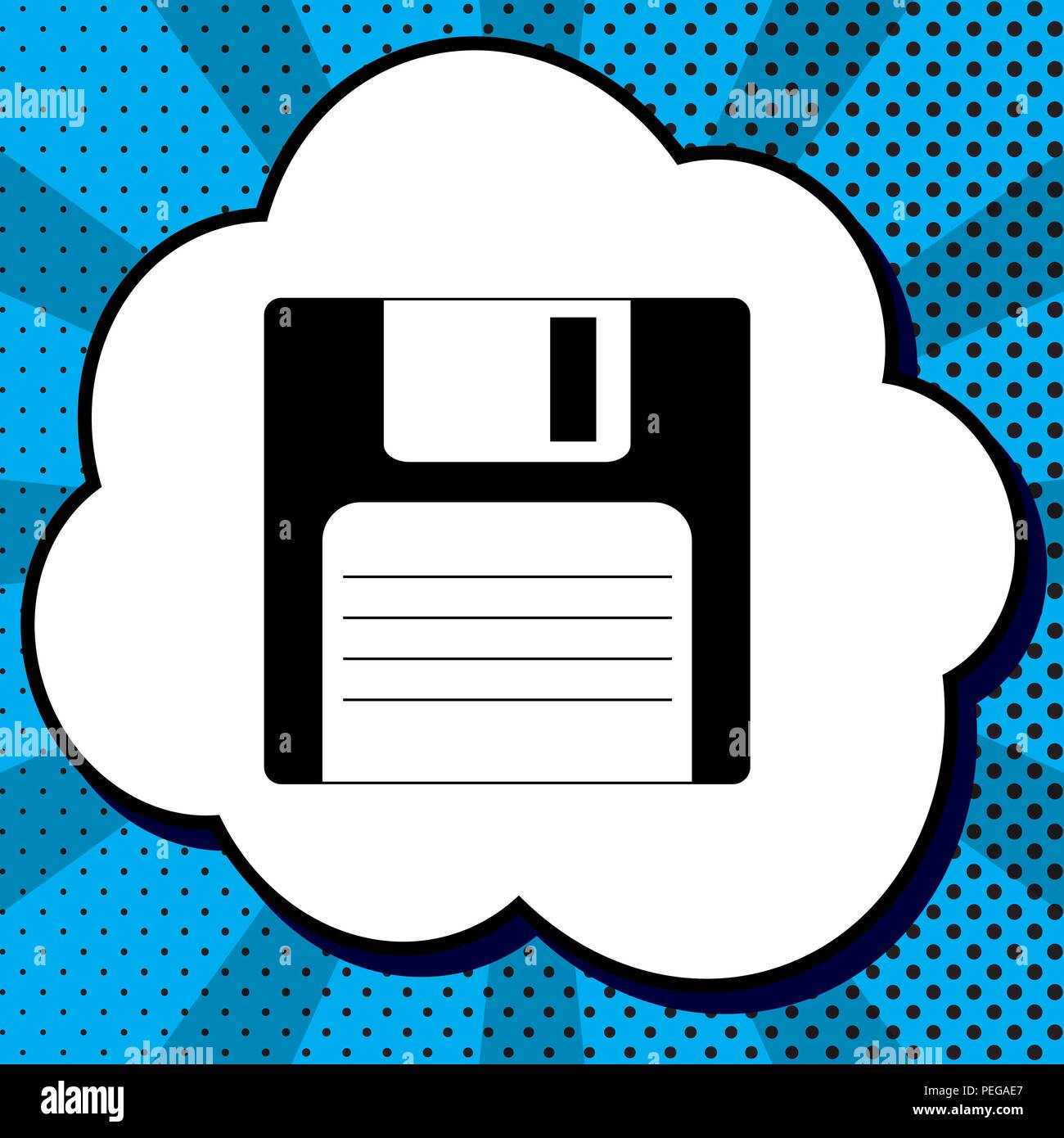 Floppy disk sign. Vector. Black icon in bubble on blue pop-art ...
