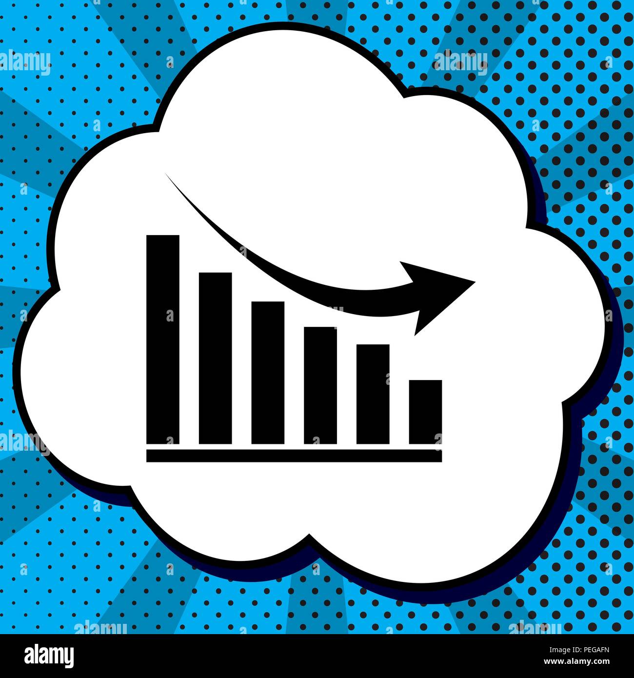Declining graph sign. Vector. Black icon in bubble on blue pop-art ...