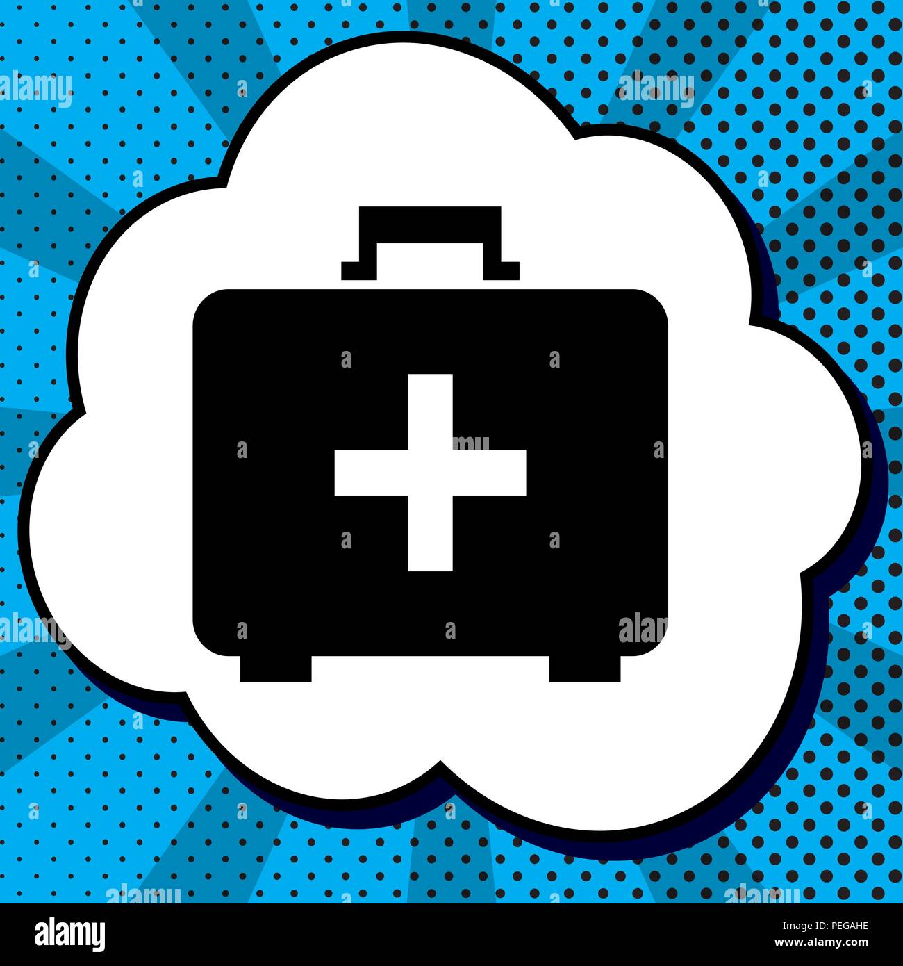 Medical First aid box sign. Vector. Black icon in bubble on blue pop ...