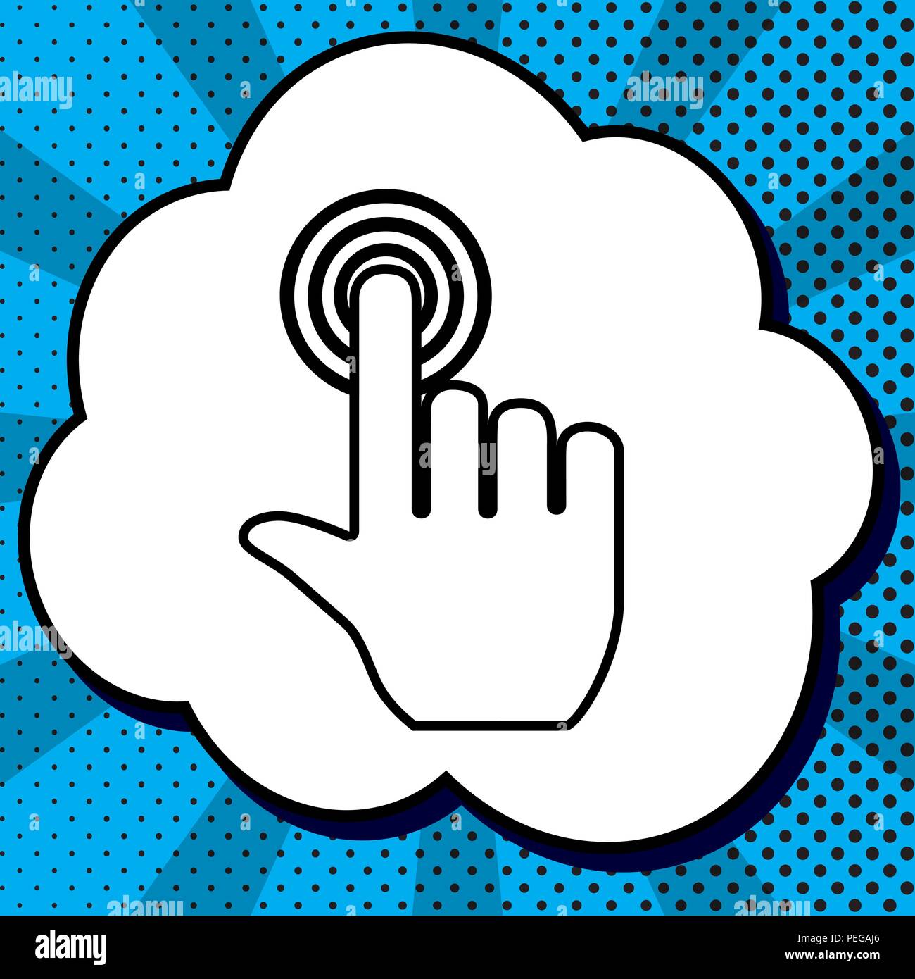 Hand click on button. Vector. Black icon in bubble on blue pop-art ...