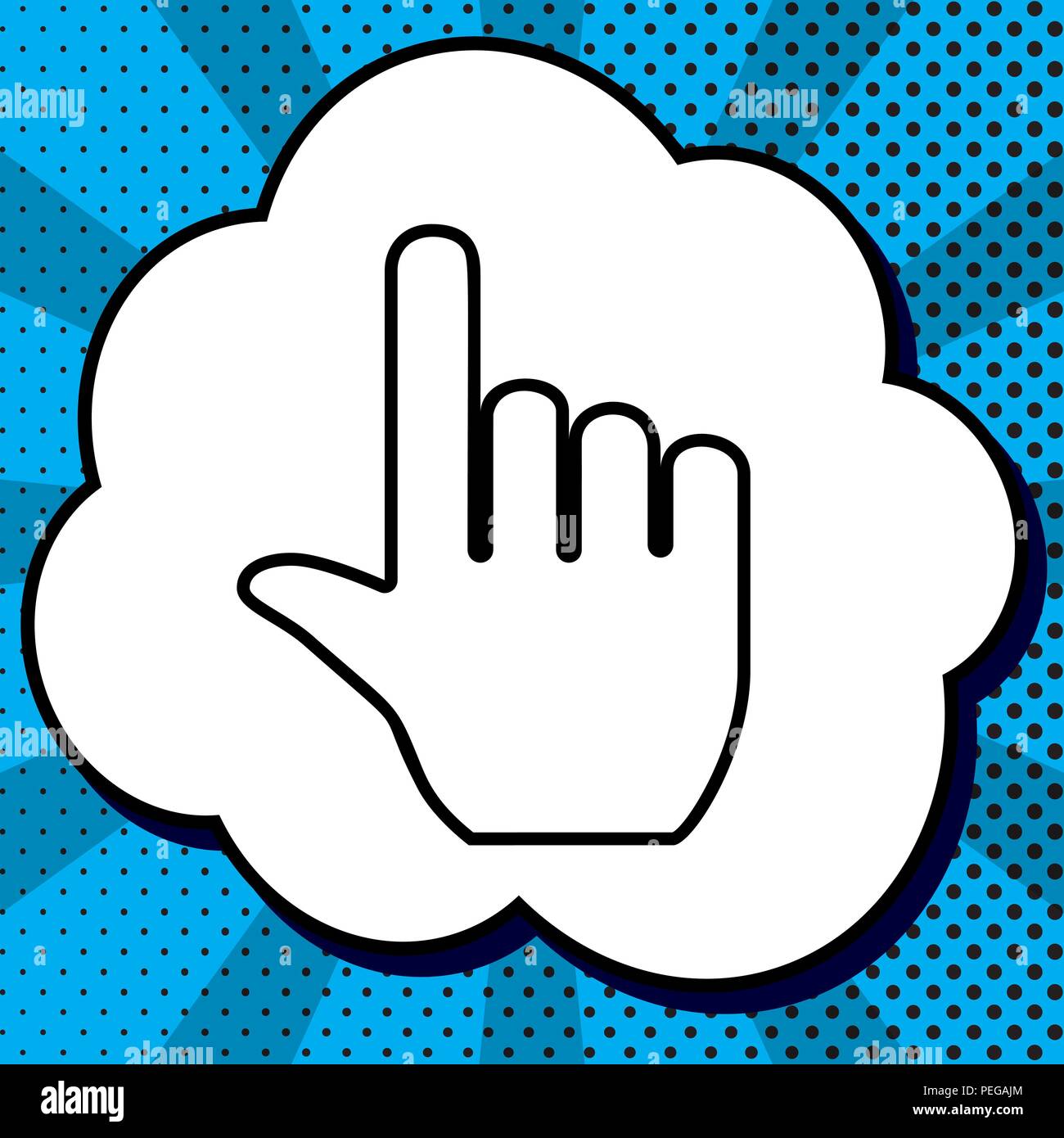 Hand sign illustration. Vector. Black icon in bubble on blue pop-art ...
