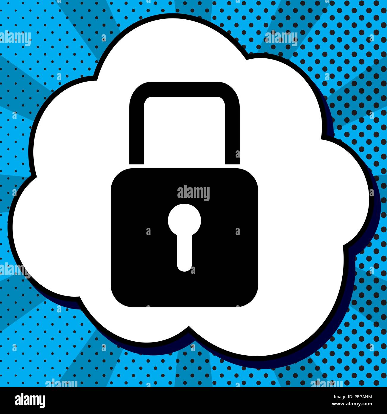 Lock sign illustration. Vector. Black icon in bubble on blue pop-art ...