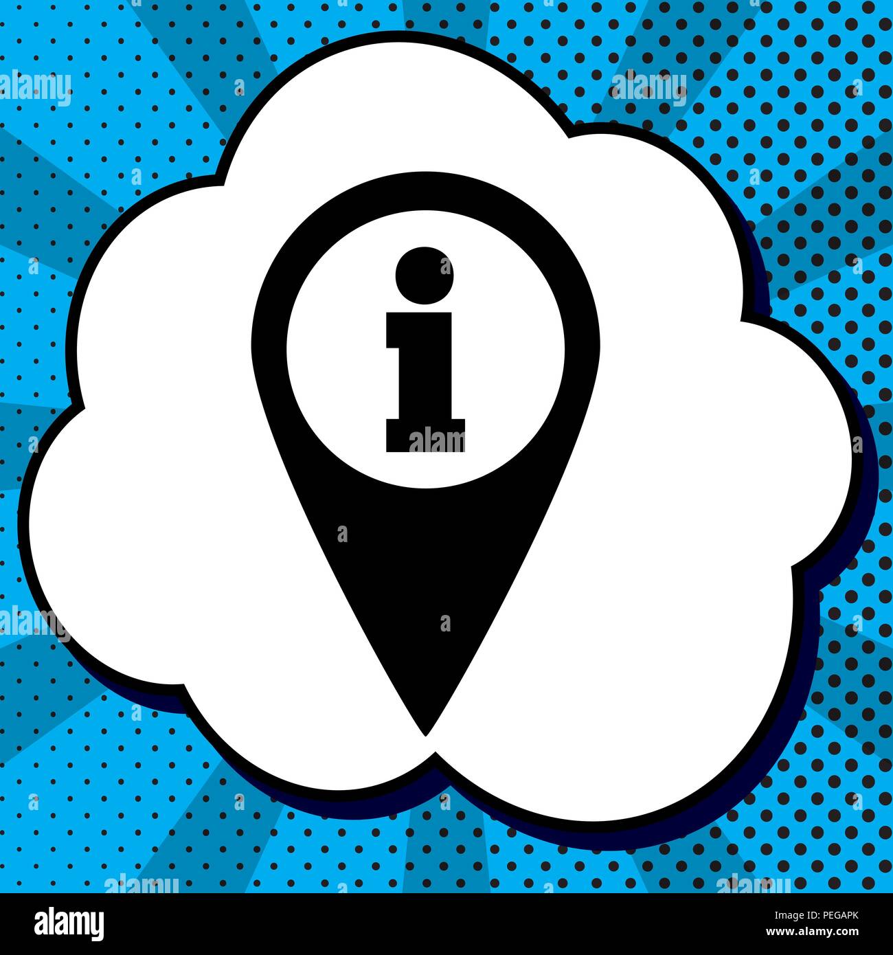 Map pointer with information sign. Vector. Black icon in bubble on blue ...