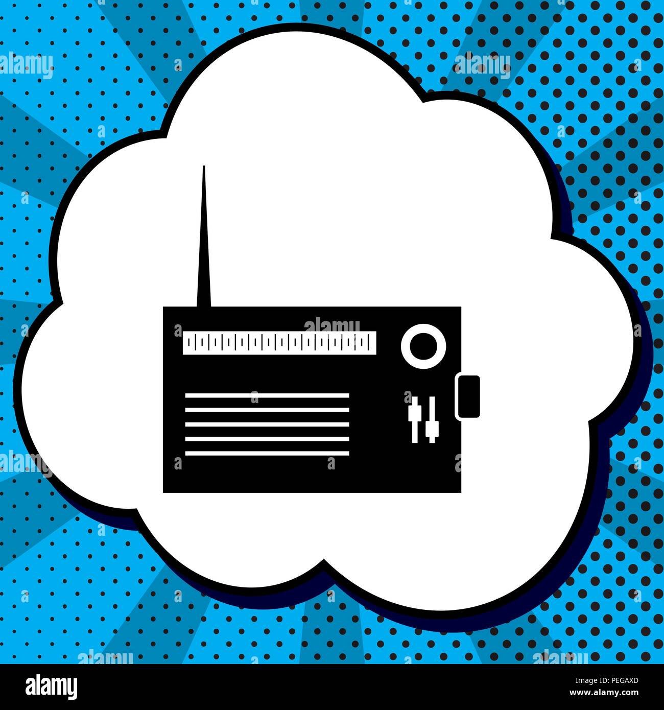Radio sign illustration. Vector. Black icon in bubble on blue pop-art ...