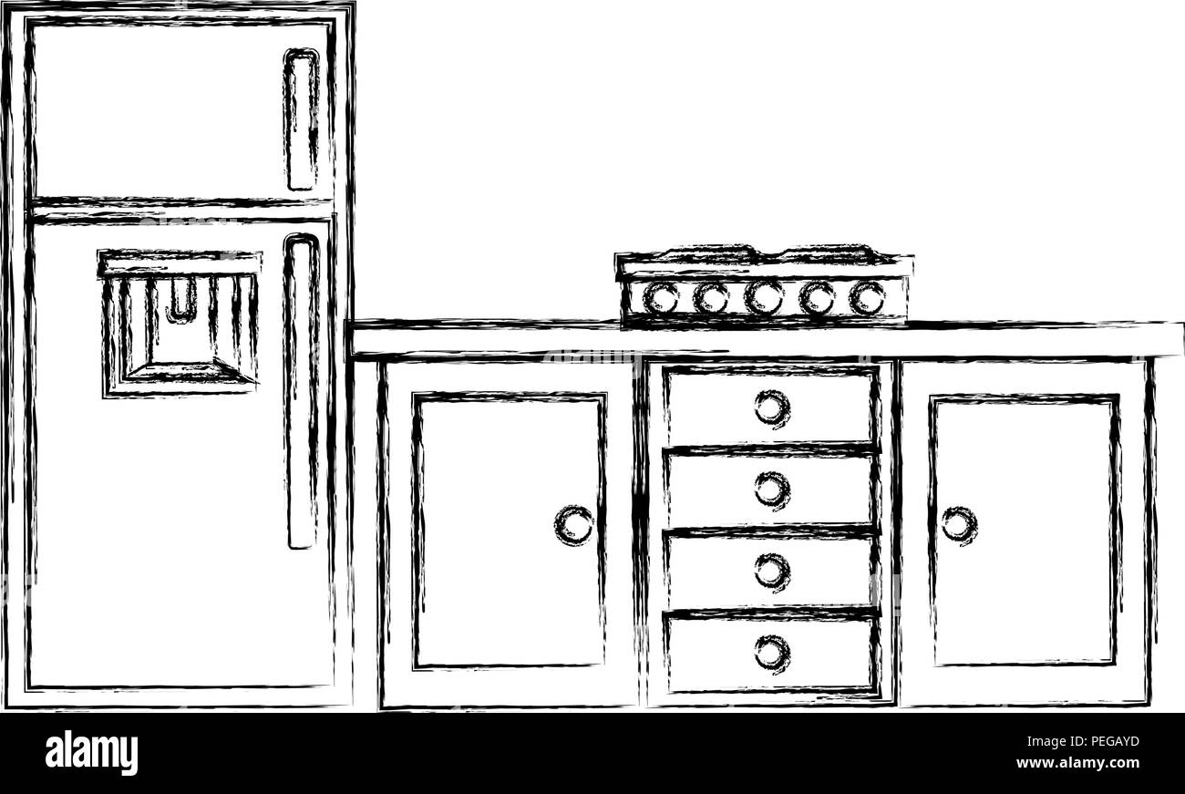 kitchen drawer wooden with stove and fridge vector illustration design ...