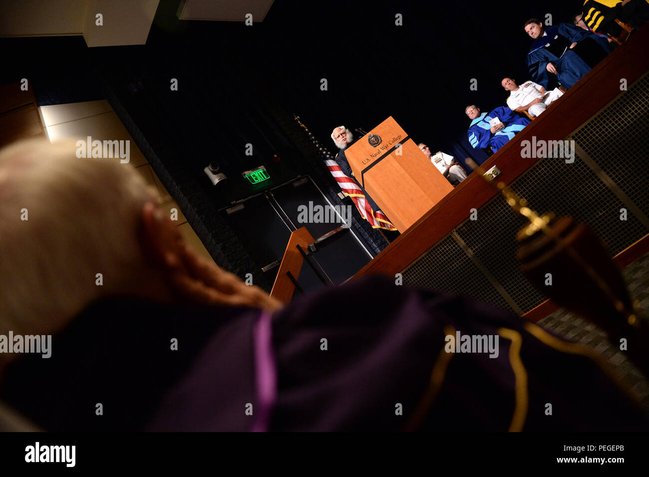 An actor impersonating Rear Adm. Stephen B. Luce, founder and first president of U.S. Naval War ...