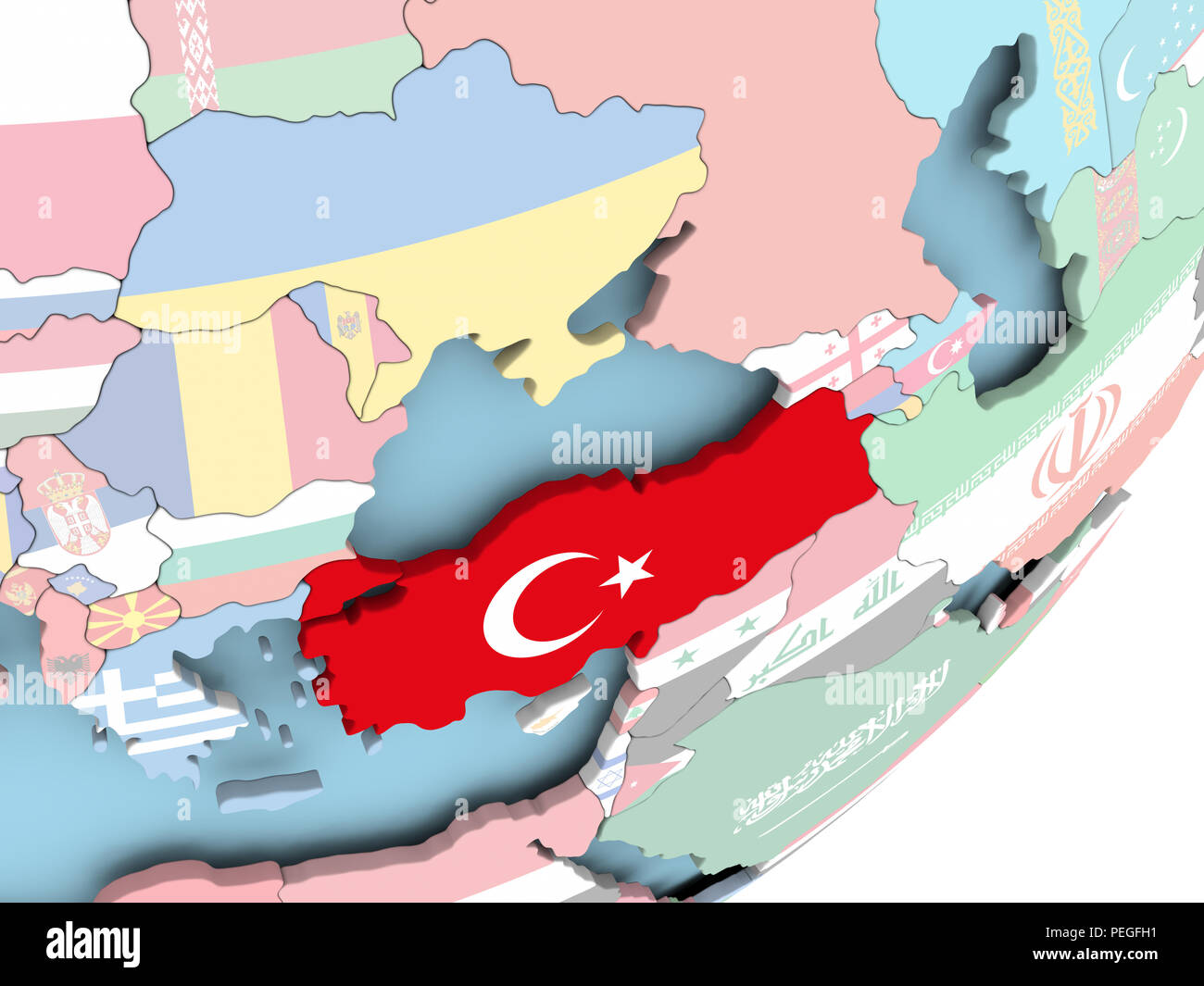 Illustration of Turkey on political globe with embedded flag. 3D ...