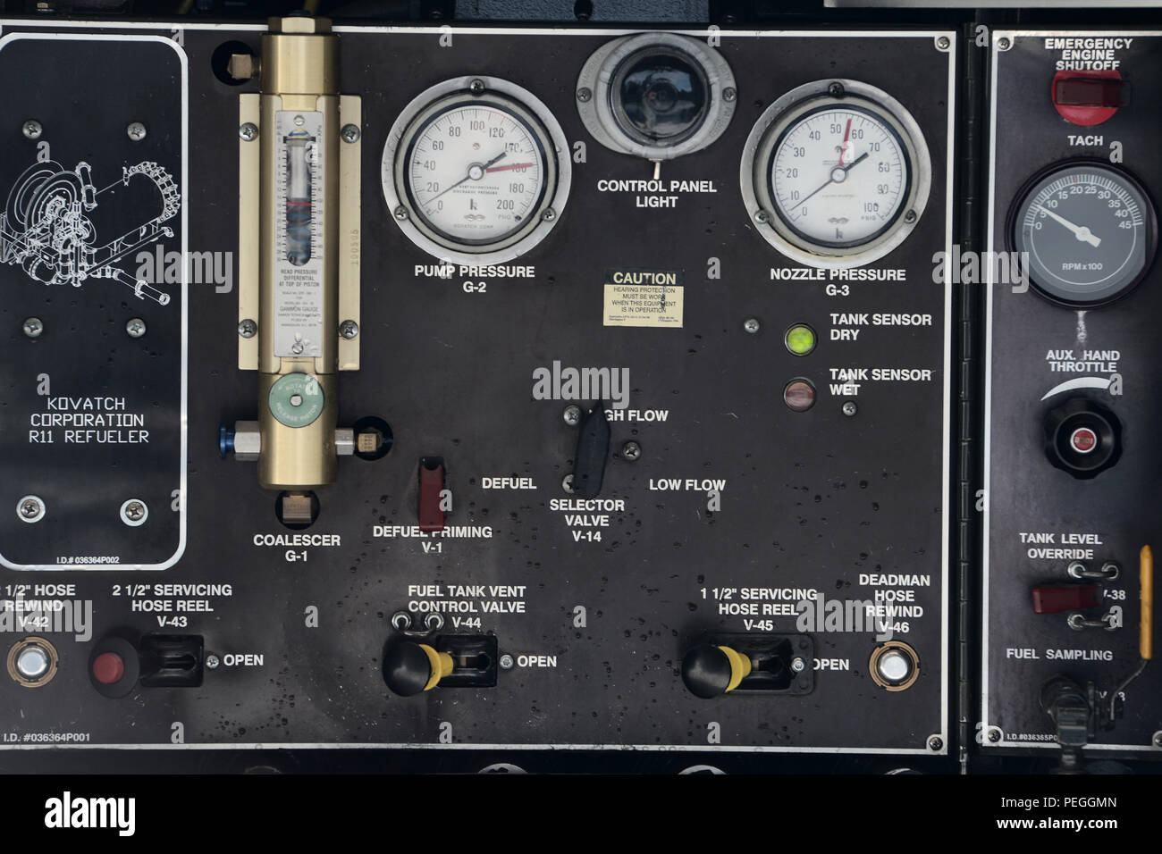 A control panel on a R-11 refueling truck is seen while refueling an F ...