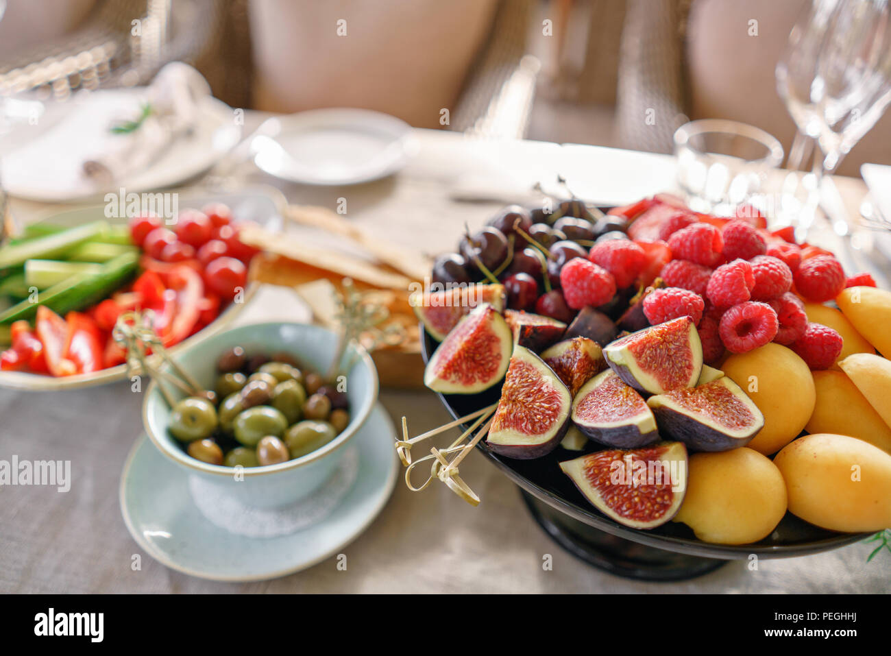 Different meals for the guests on Banquet table. delicious dishes on ...