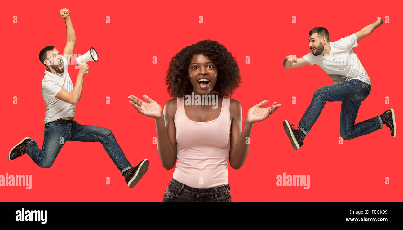 Wow. Beautiful female half-length portrait isolated on red studio ...