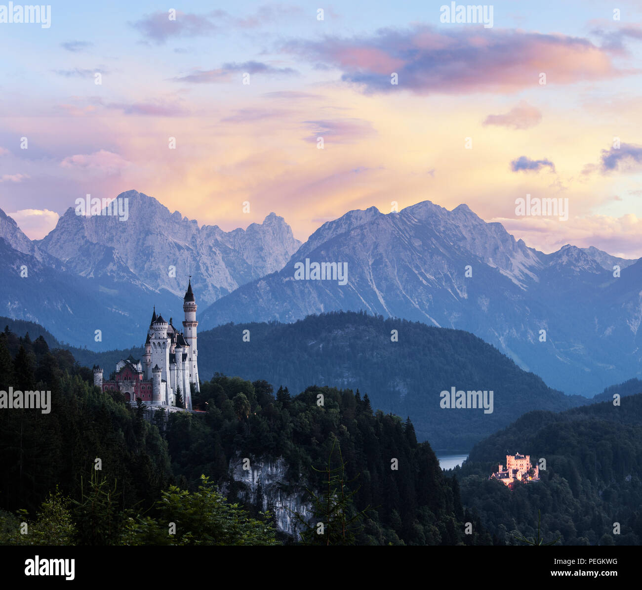 Famous Neuschwanstein Castle at sunset, Germany, European landmark ...