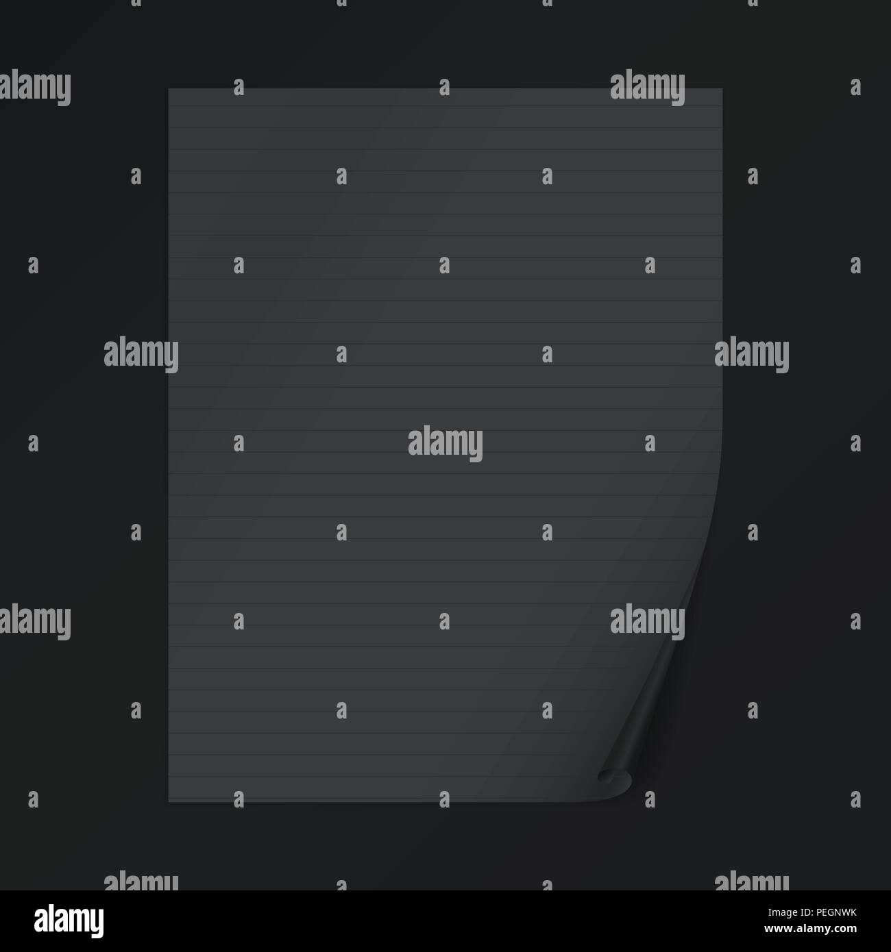 Black lined notebook paper with curled corner for text or advertising ...