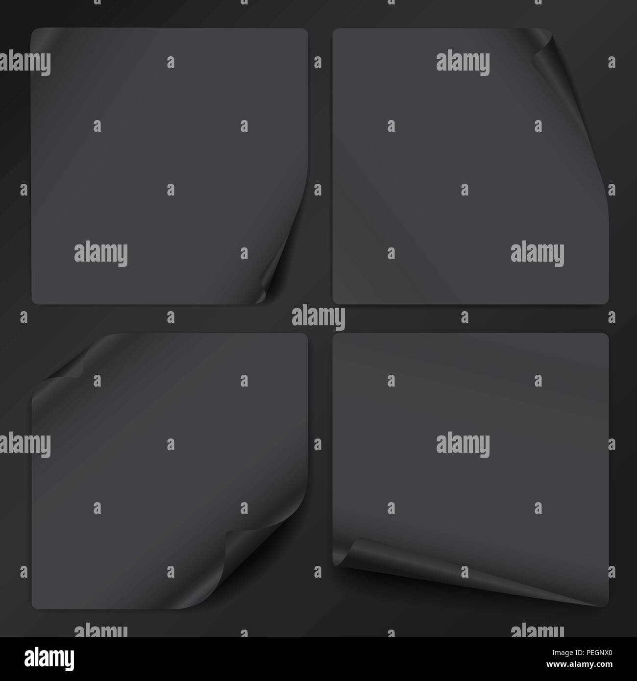 Set of black note notebook paper with curled corners for text or ...