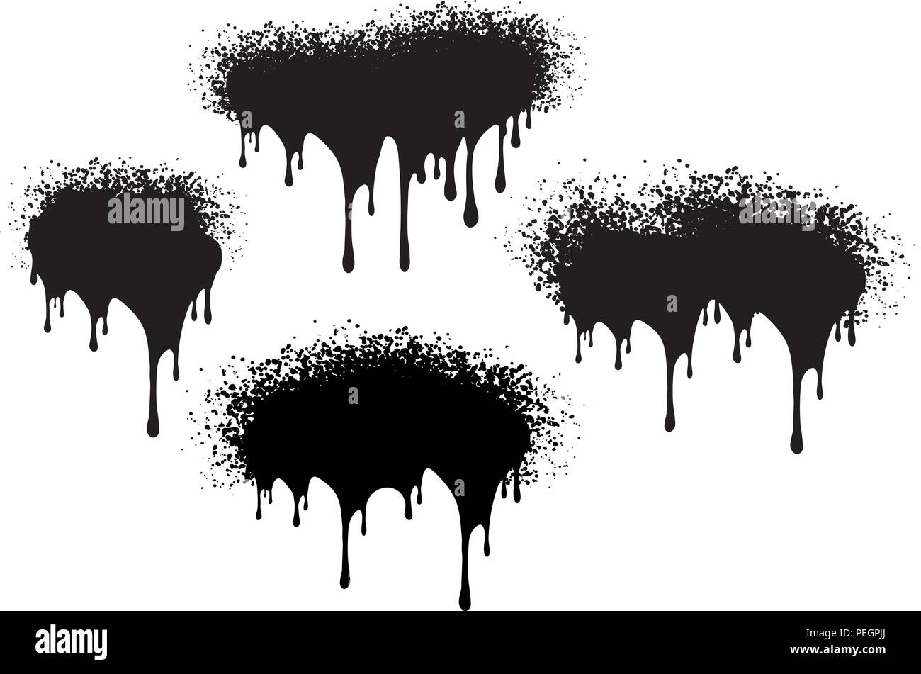 Set of 4 black grunge decors with paint drips with spray blobs. Vector ...