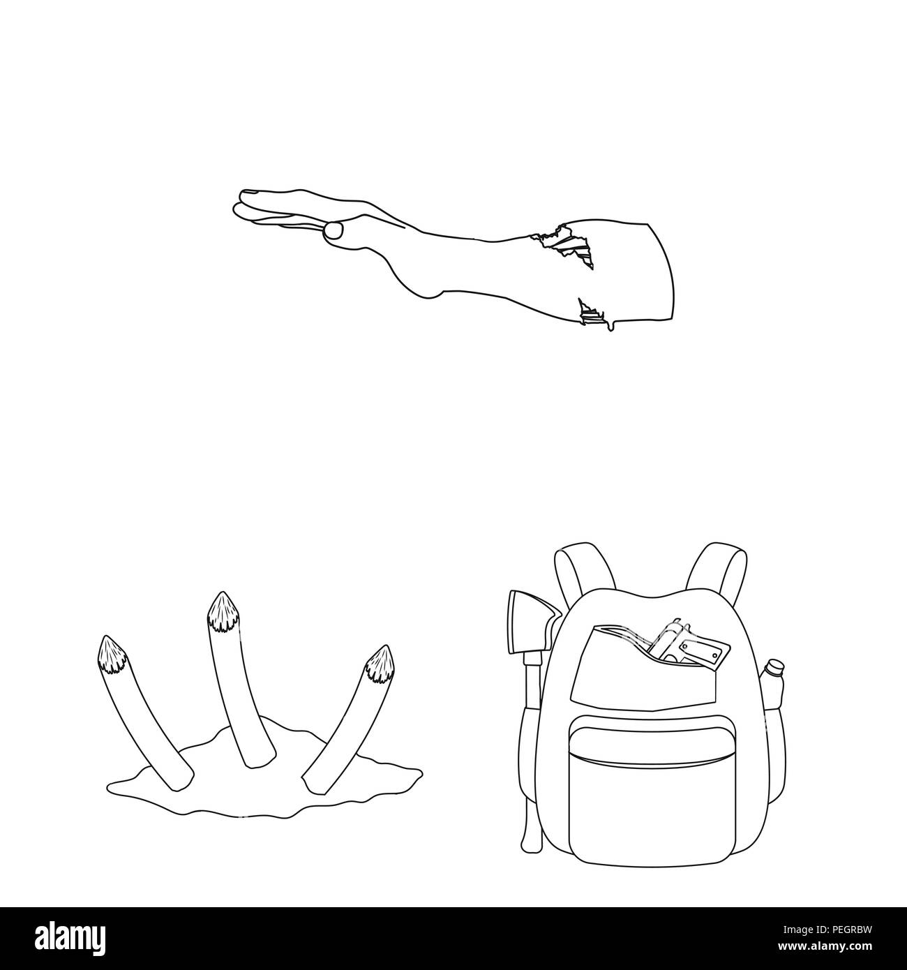 Zombies and Attributes outline icons in set collection for design. Dead ...