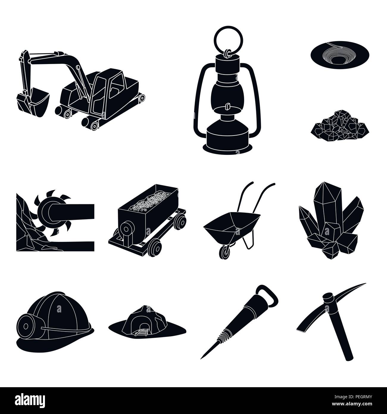 Mining industry black icons in set collection for design. Equipment and ...