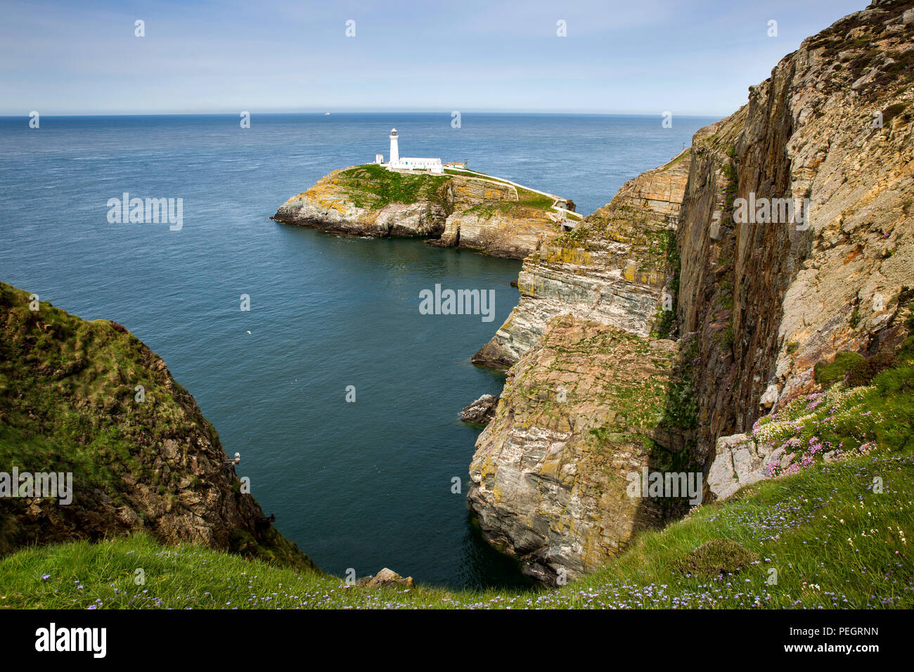 UK, Wales, Anglesey, South Stack lighthouse from RSPB Ellin’s Tower ...
