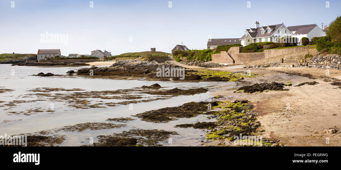 UK, Wales, Anglesey, Rhoscolyn, beach with receding tide, panoramic ...