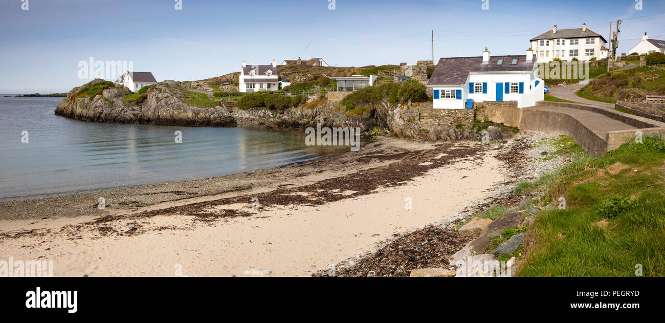 UK, Wales, Anglesey, Rhoscolyn, properties around harbour, panoramic ...