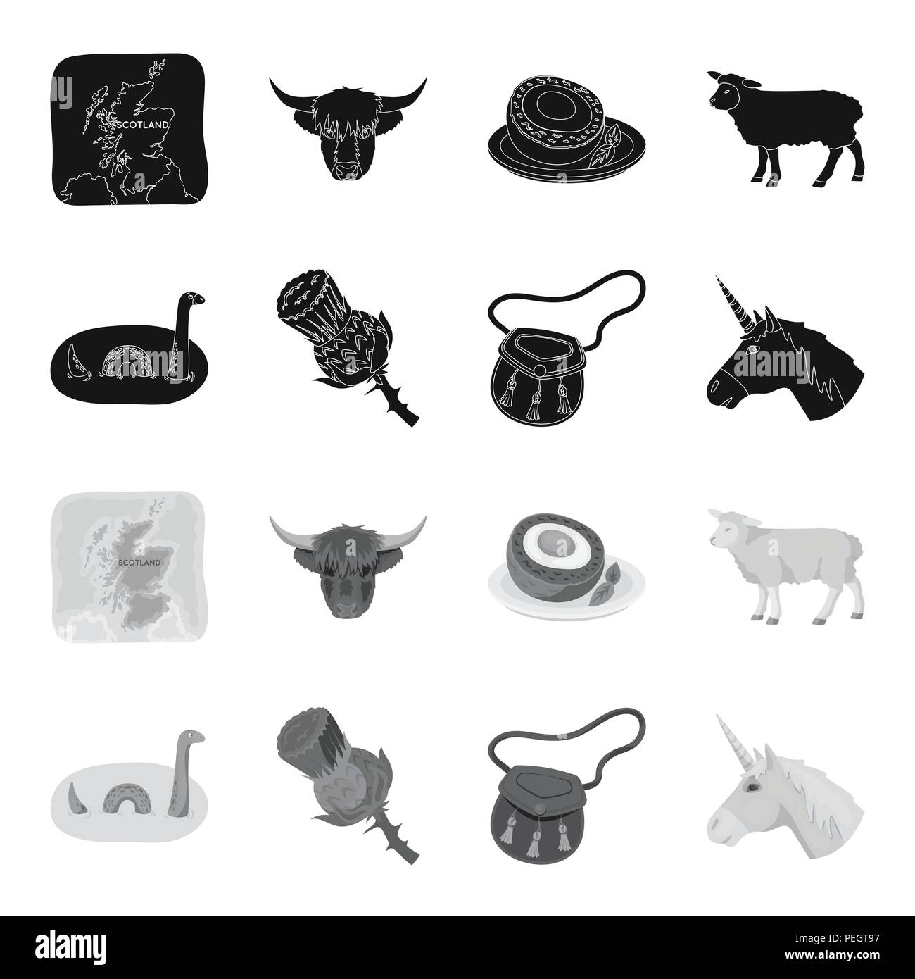 Loch Ness monster, thistle flower, unicorn, sporan. Scotland country ...