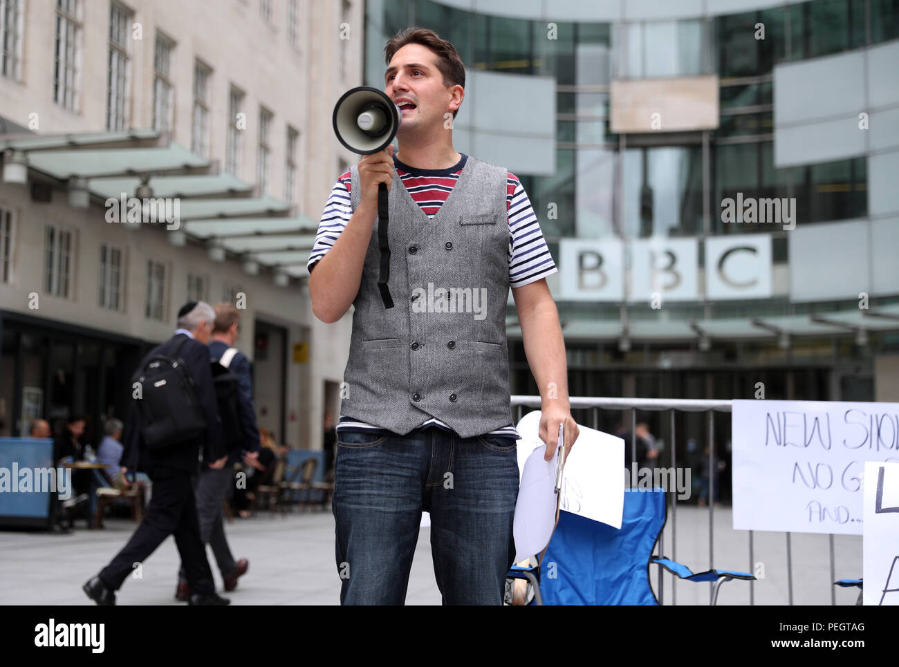 Comedian Luke McQueen outside BBC's New Broadcasting house in London ...