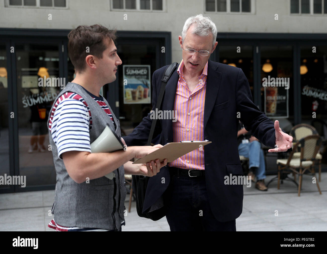 Comedian Luke McQueen asks for Jeremy Vine to sign his petition outside ...
