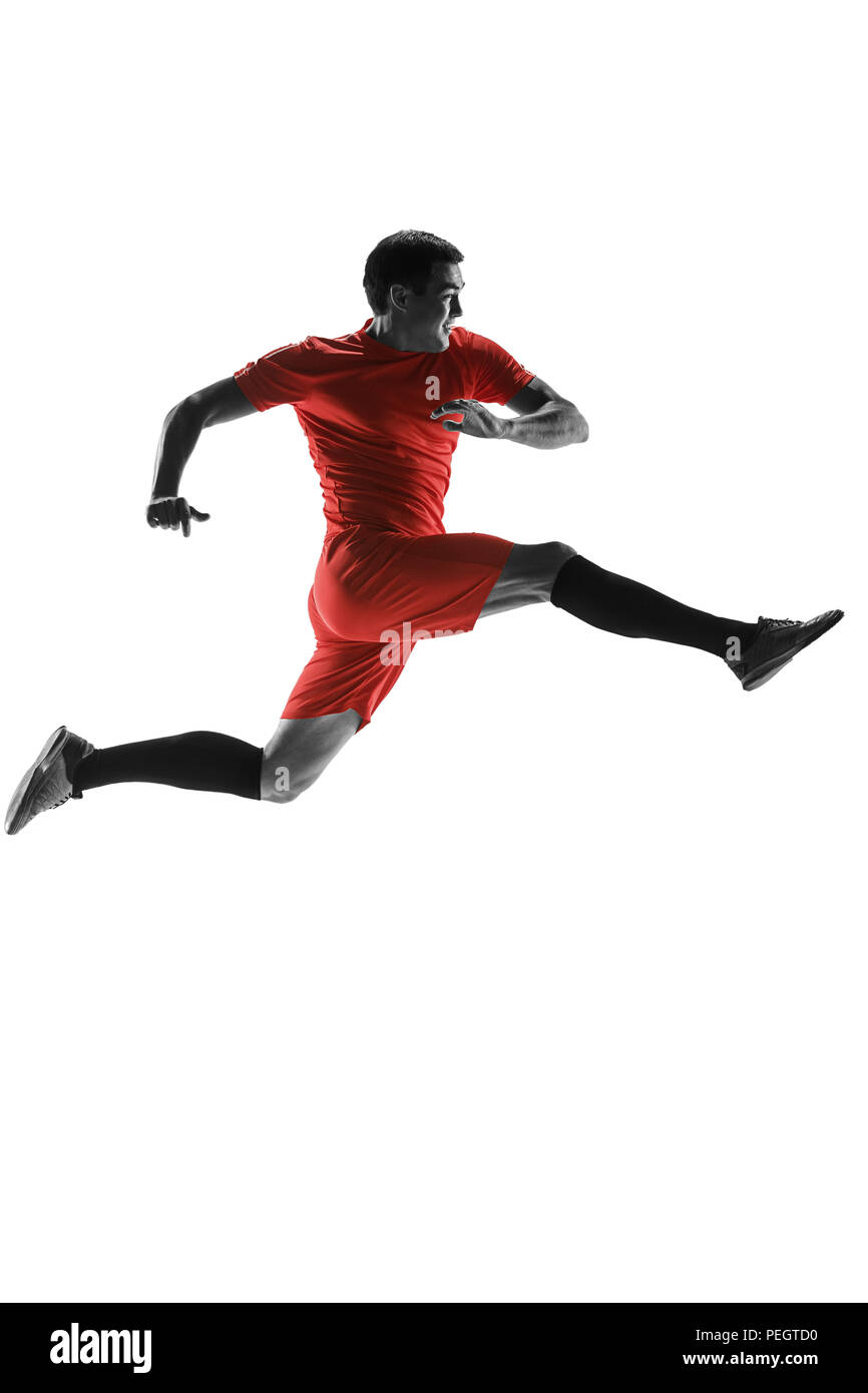 Professional football soccer player in motion isolated on white studio ...