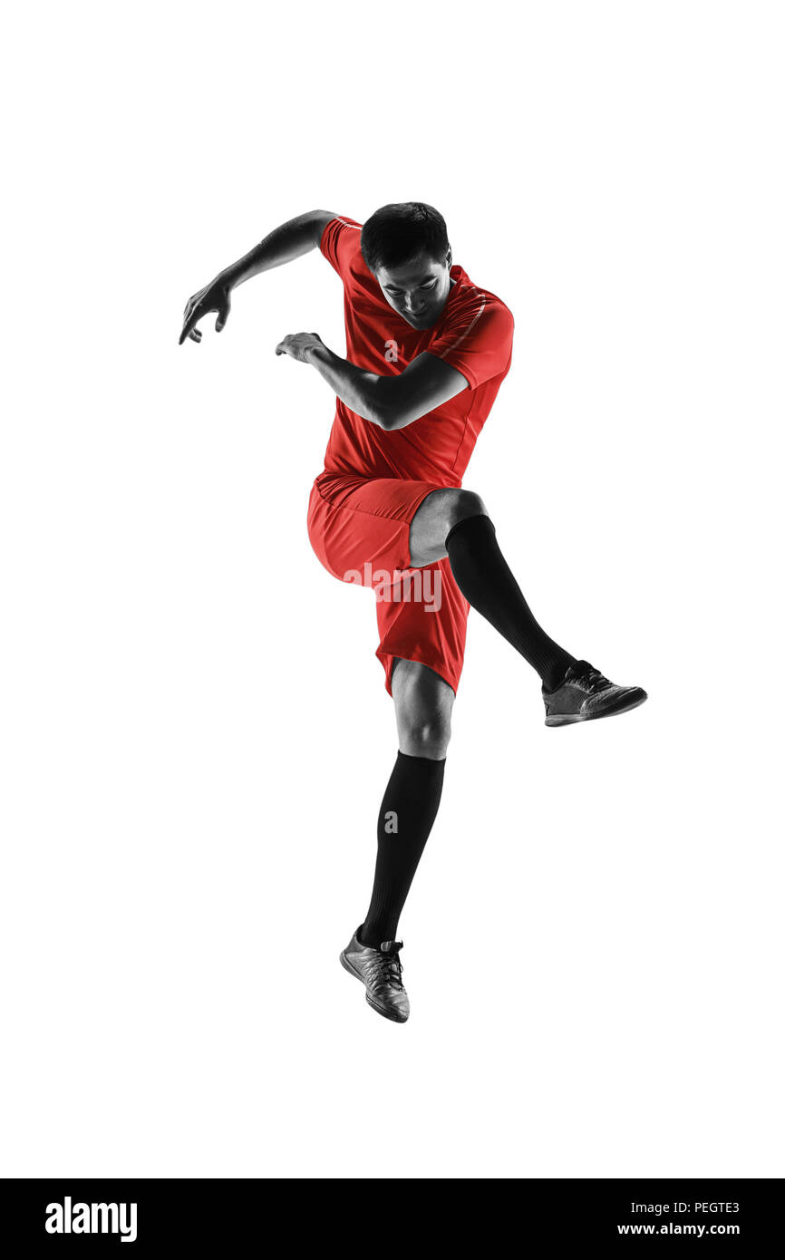 Professional football soccer player in motion isolated on white studio ...