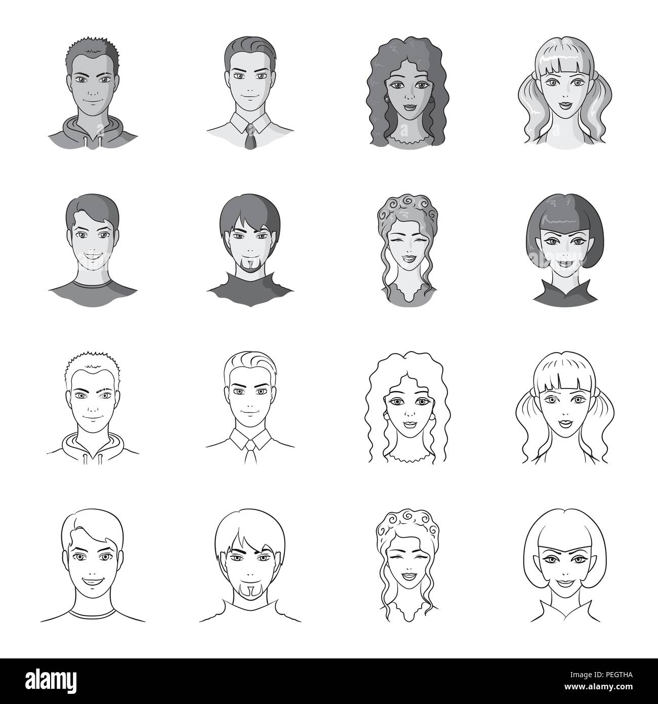 Different looks of young people.Avatar and face set collection icons in ...