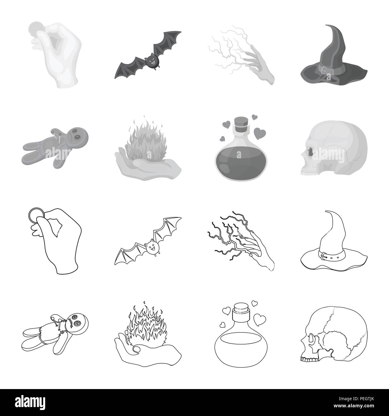 A voodoo doll, a magical fire, a love potion, a skull.Black and white ...