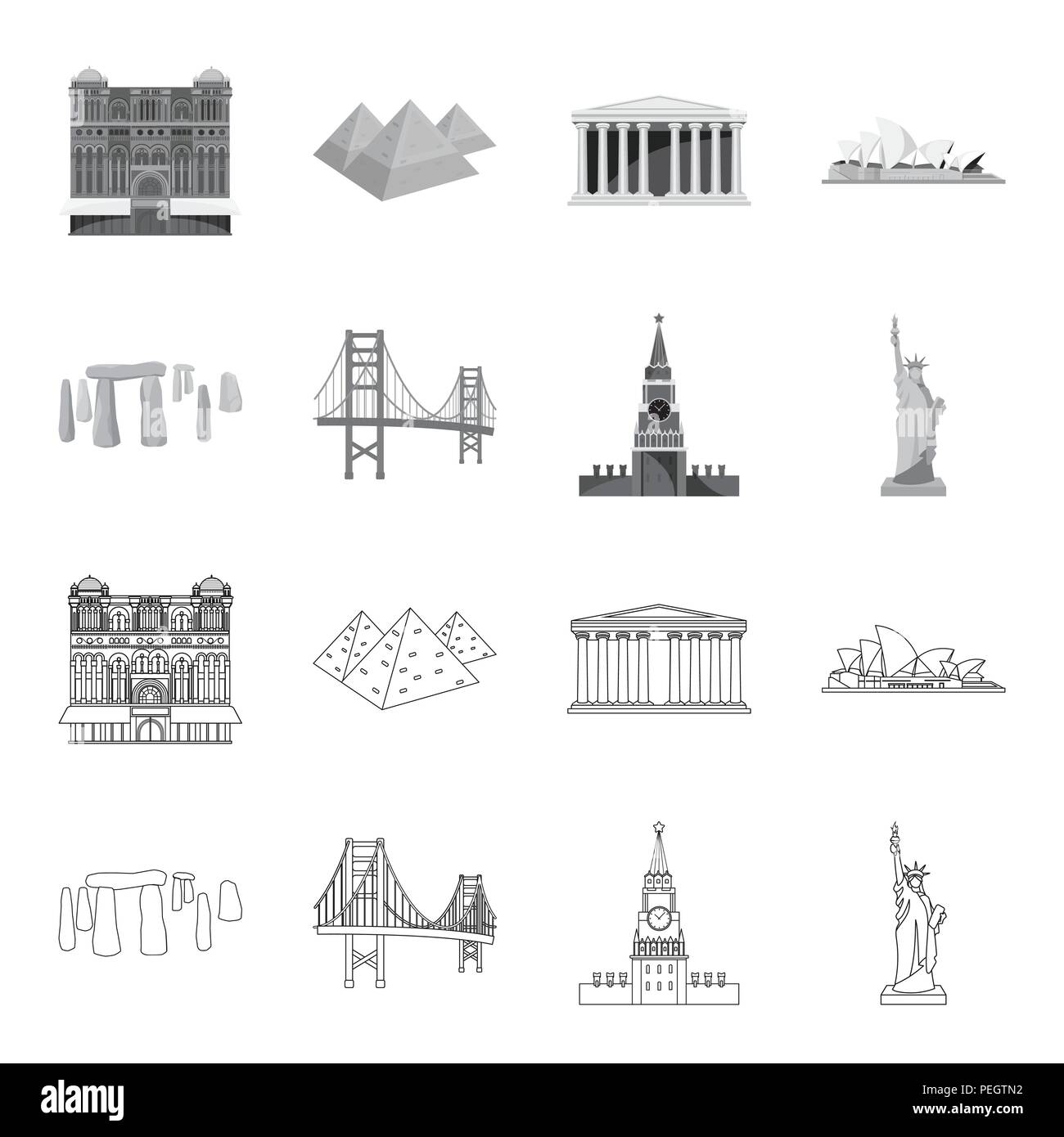 Sights of different countries outline,monochrome icons in set ...