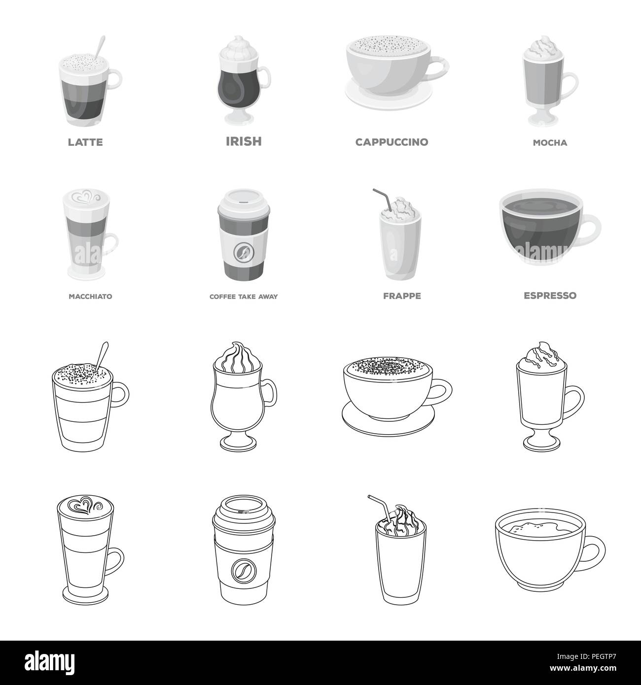 Mocha, macchiato, frappe, take coffee.Different types of coffee set ...