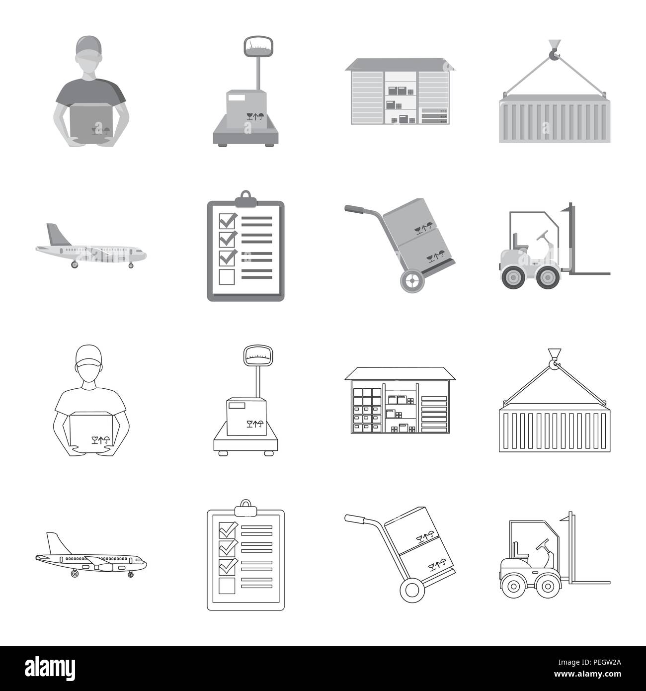 Cargo plane, cart for transportation, boxes, forklift, documents ...