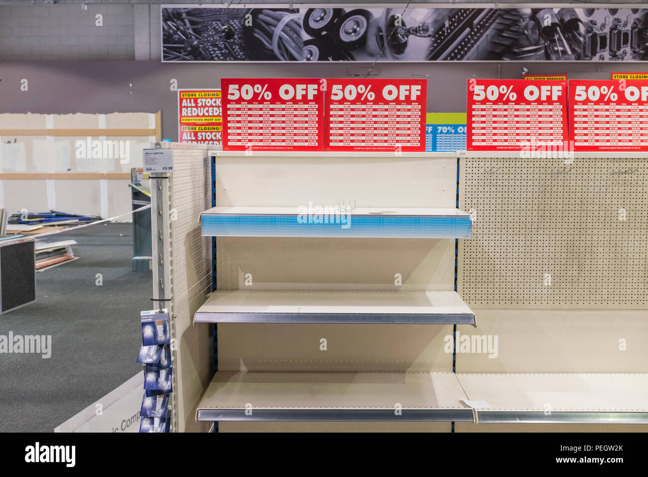 Inside of bankrupt Maplin electrical store, empty shelves, sad sign of ...