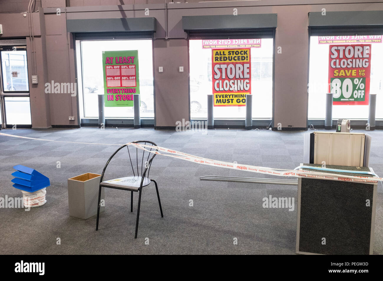 Inside of bankrupt Maplin electrical store, empty shelves, sad sign of ...
