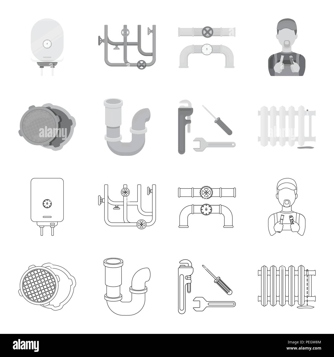 Sewage hatch, tool, radiator.Plumbing set collection icons in outline ...