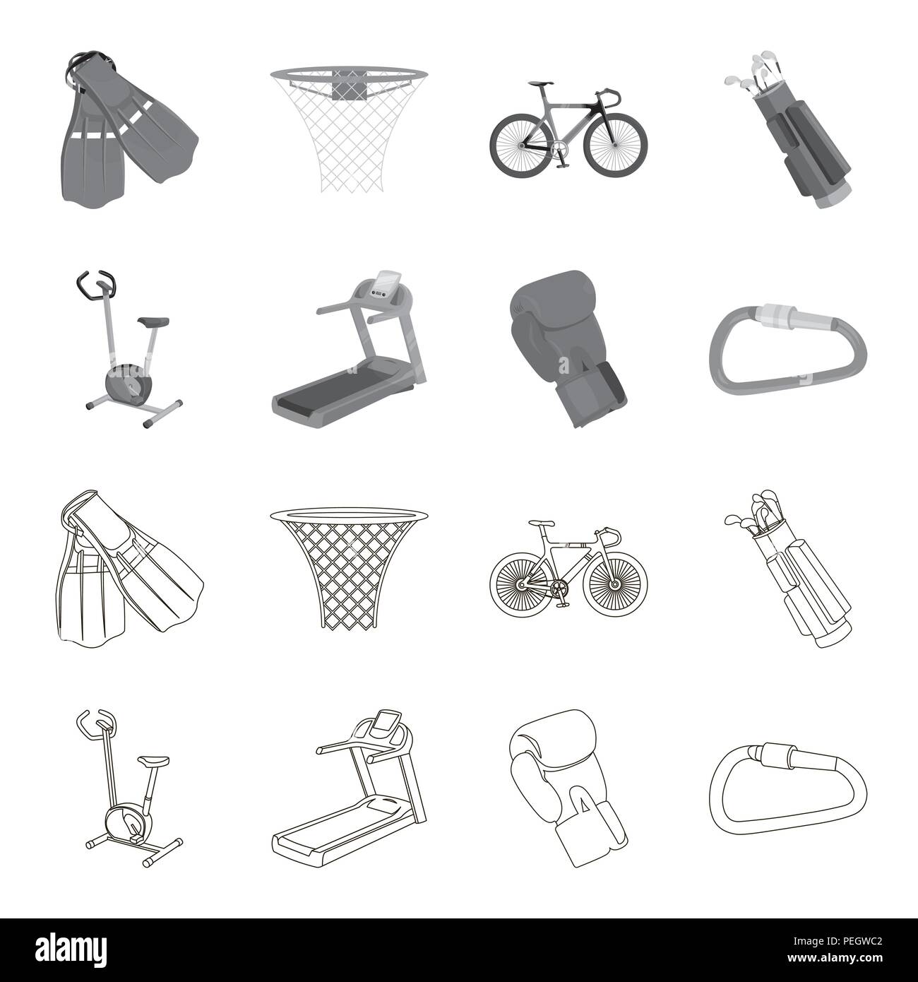 Exercise bike, treadmill, glove boxer, lock. Sport set collection icons ...