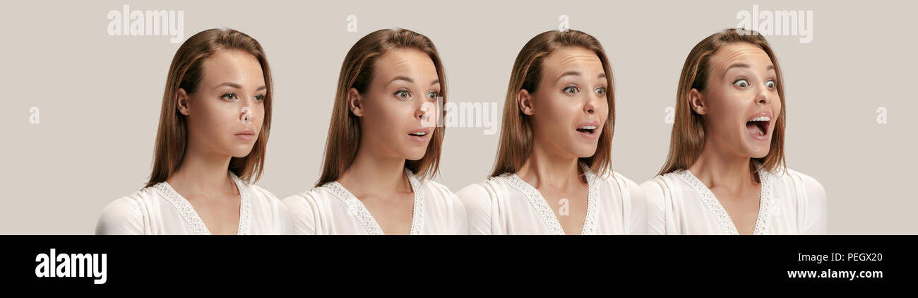 Wow. Collage about development of emotion. Stages of surprise. Female ...