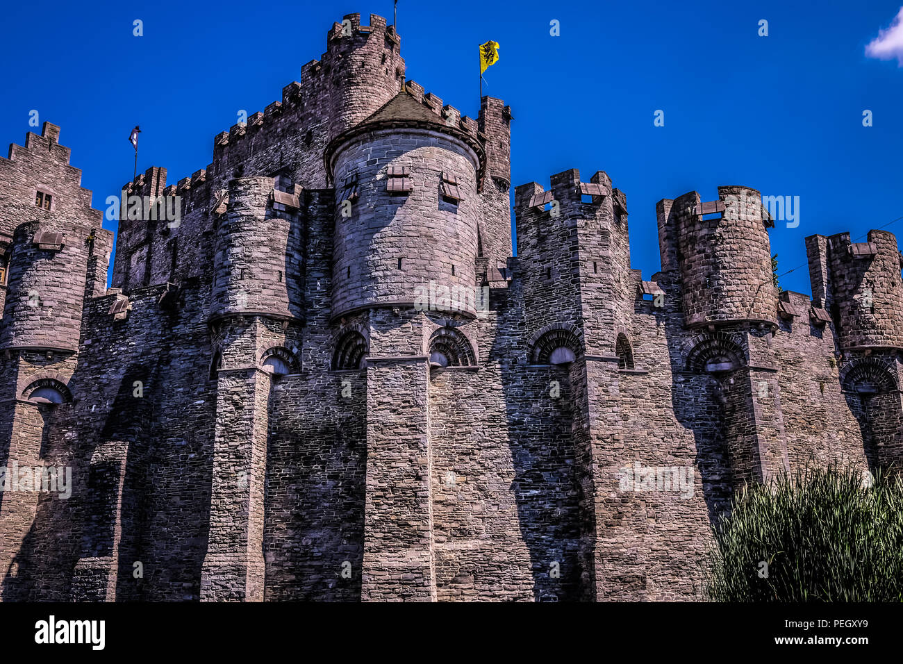 Landscape view of the Gravensteen castle in the city of Ghent in ...