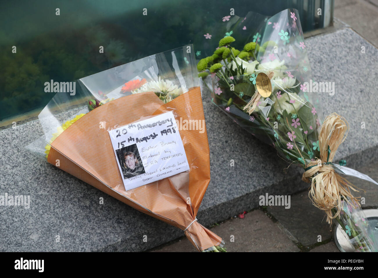 Floral tributes left at the Omagh Bomb Memorial, located on Market ...