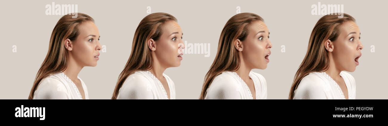 Wow. Collage about development of emotion. Stages of surprise. Female ...