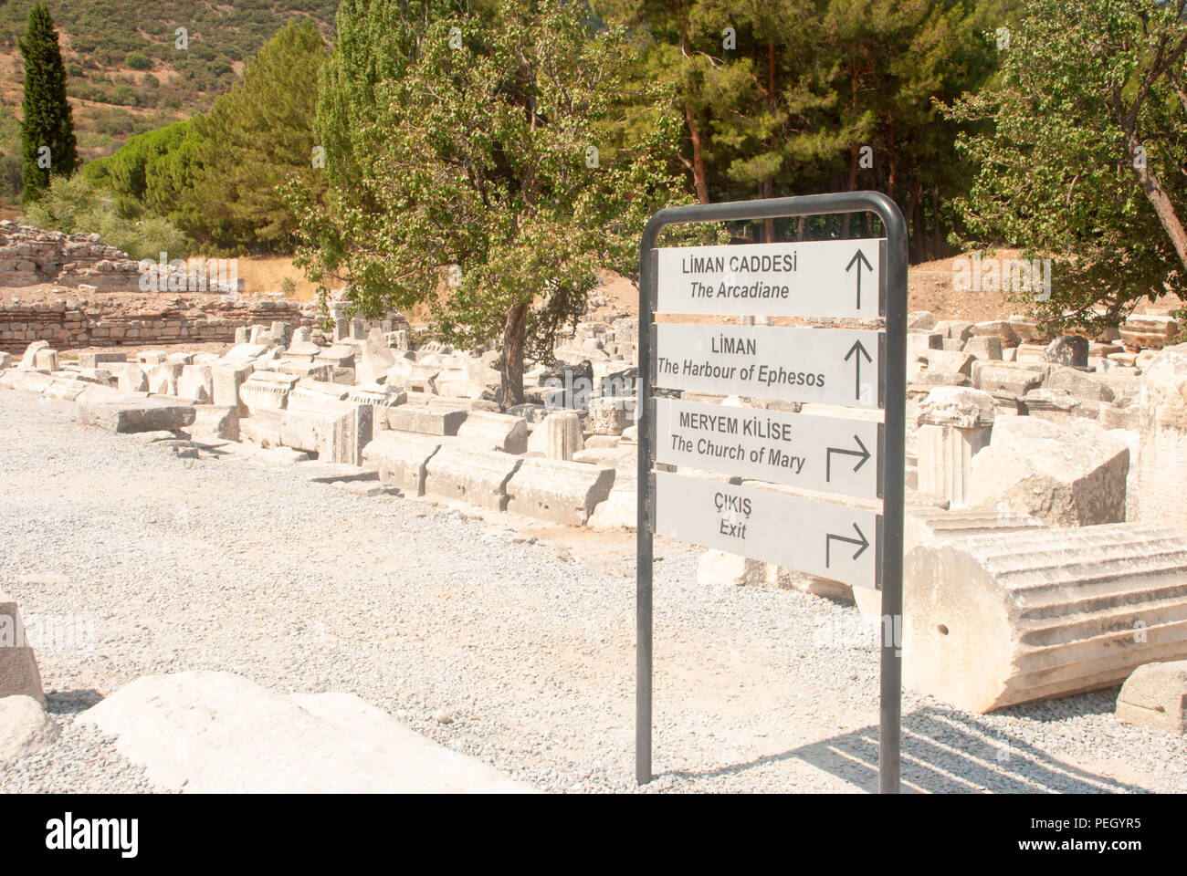 Direction sign in english and turkish in ancient city of ephesus, izmir ...
