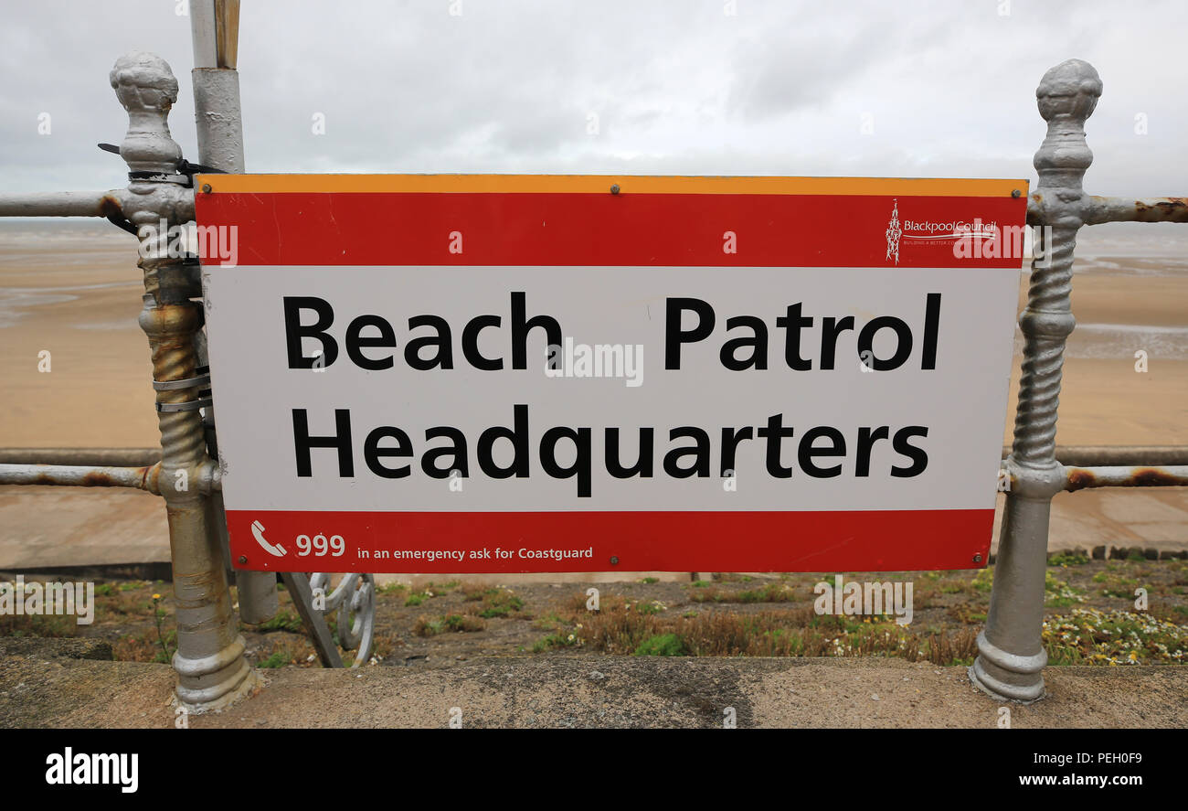 A Beach Patrol Headquarters sign at North Shore in Blackpool ...